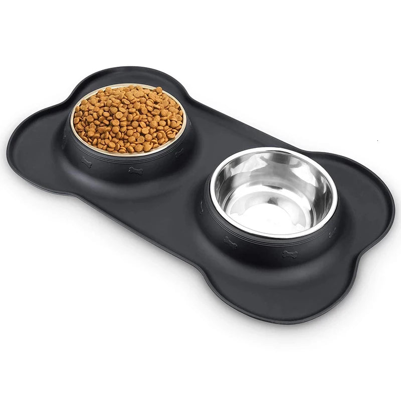 Antislip Double Dog Bowl and Stainless Steel with Silicone Mat, Stainless Steel Feeder for Dogs ...